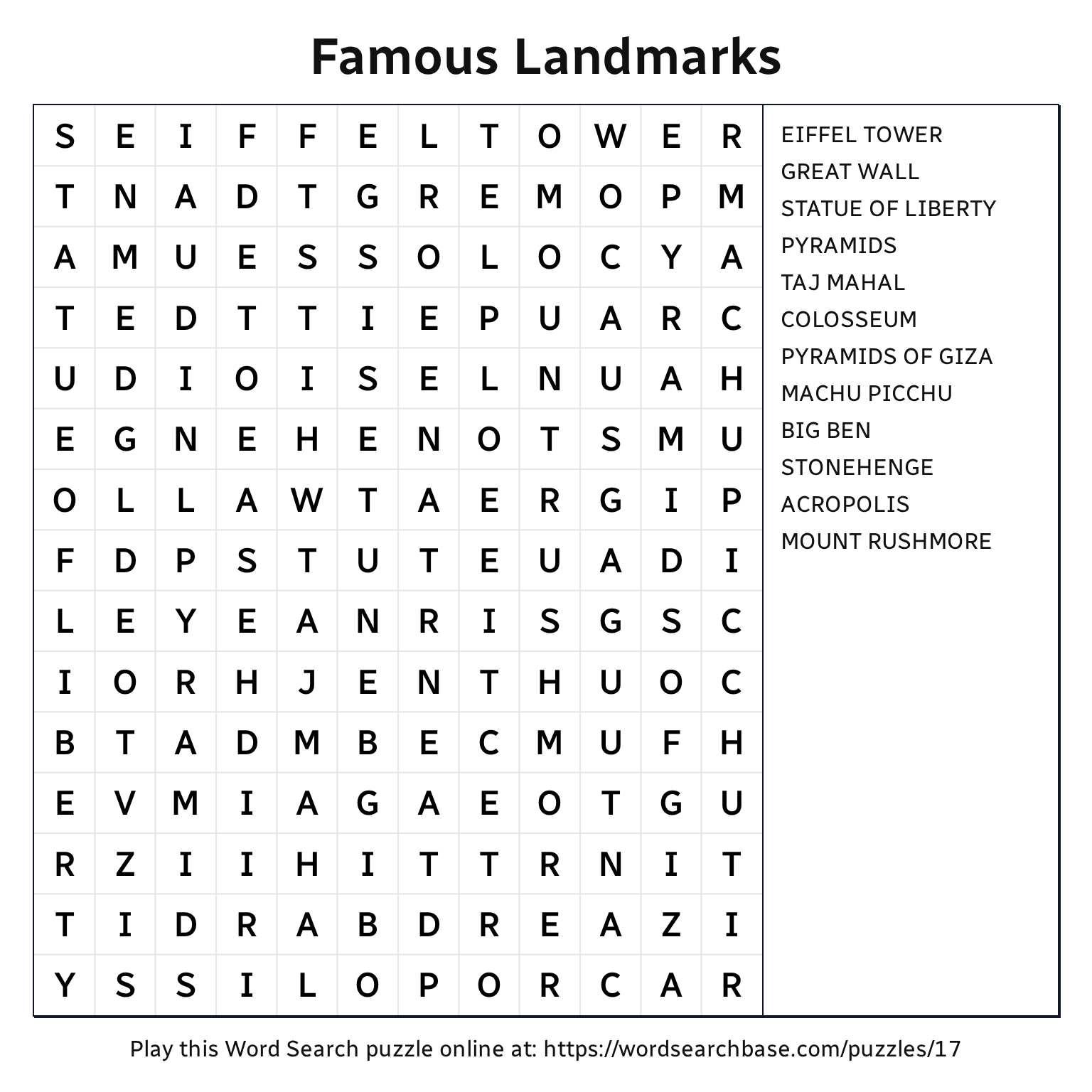 Famous Landmarks Word Search