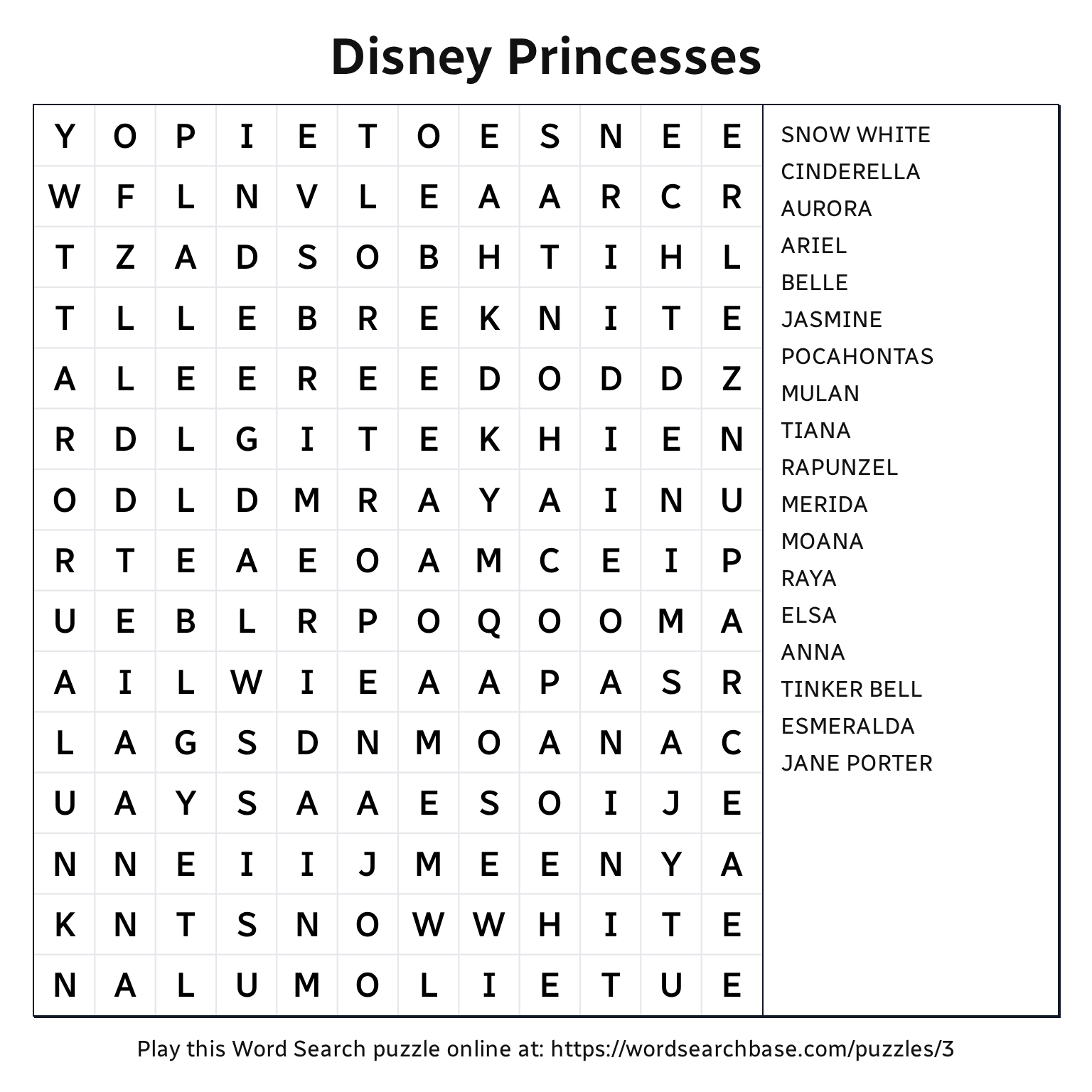 Disney Princesses Word Search