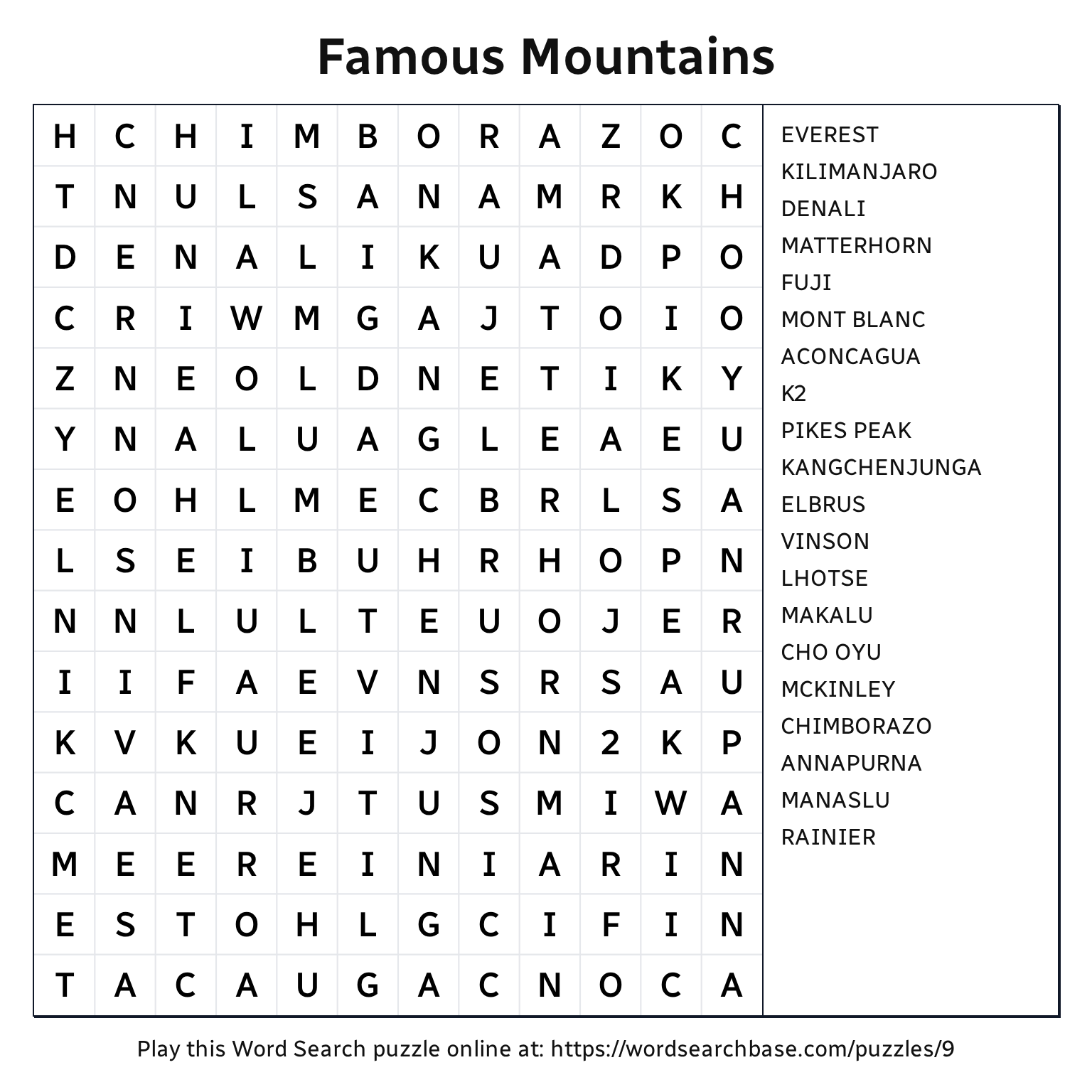 Famous Mountains Word Search